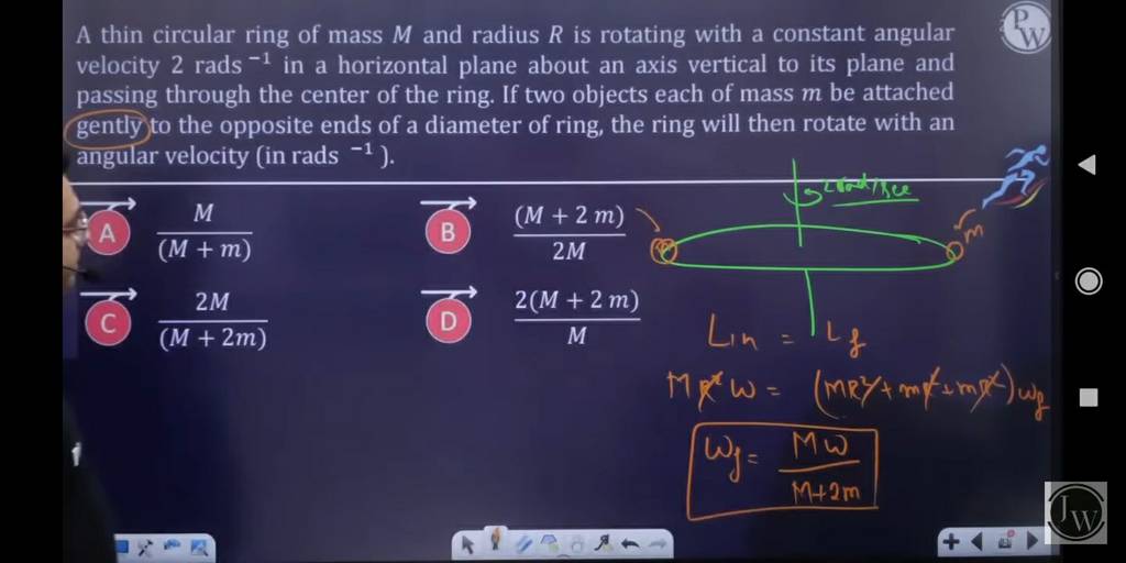 A thin circular ring of mass M and radius R is rotating with a constant a..