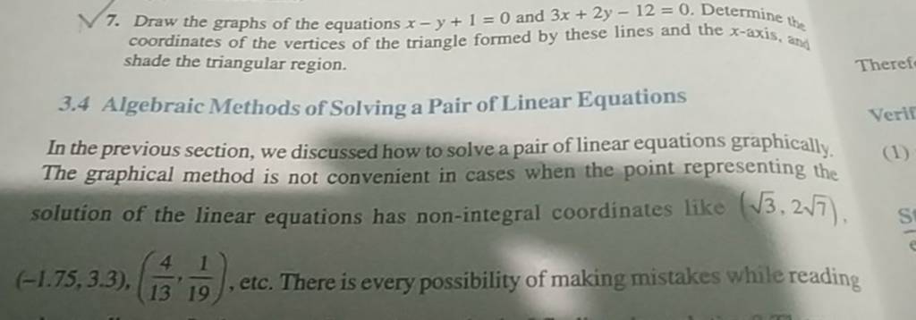 7 Draw The Graphs Of The Equations X−y 1 0 And 3x 2y−12 0 Determine The