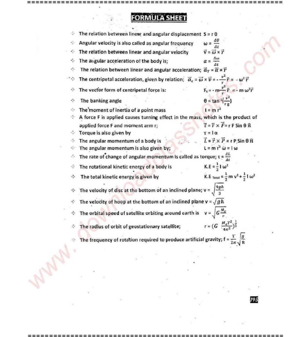 Formula Sheet ∴ The Relation Between Linear And Angular Displacement S Rθ