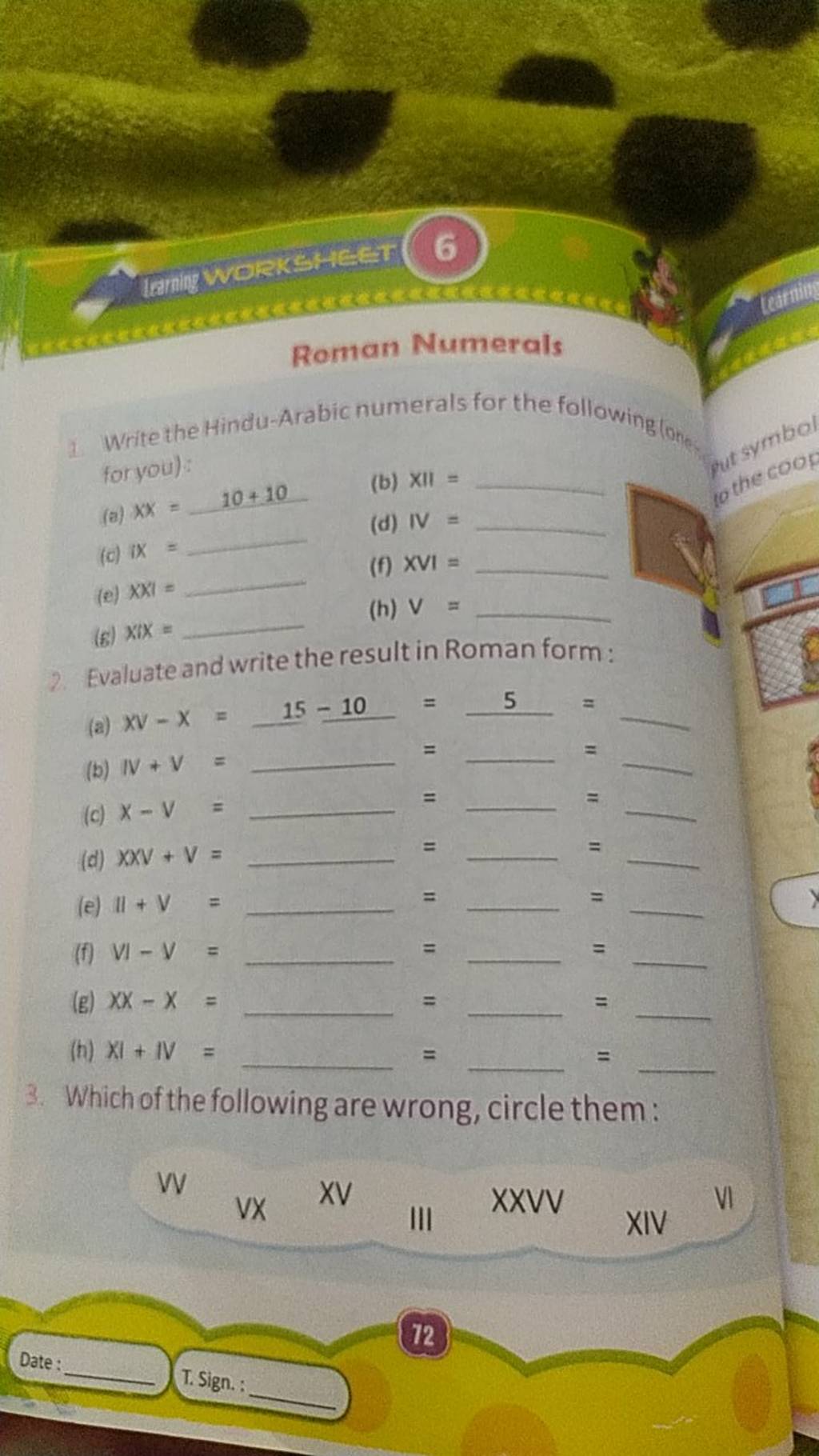 land WolkKSHEET 6 Roman Numerals (1. Write the Hindu-Arabic numerals for