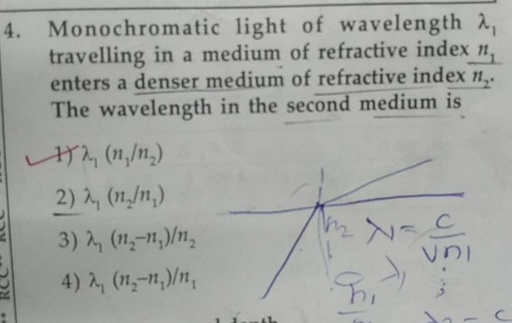 Monochromatic light of wavelength λ1 travelling in a medium of refractiv..