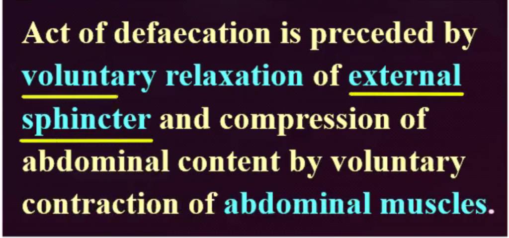 Act of defaecation is preceded by voluntary relaxation of external sphinc..
