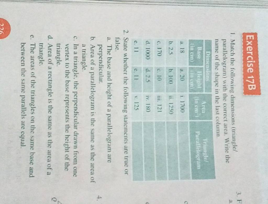Exercise 17 B 1. Match the following dimensions (triangle/ parallelogram)..