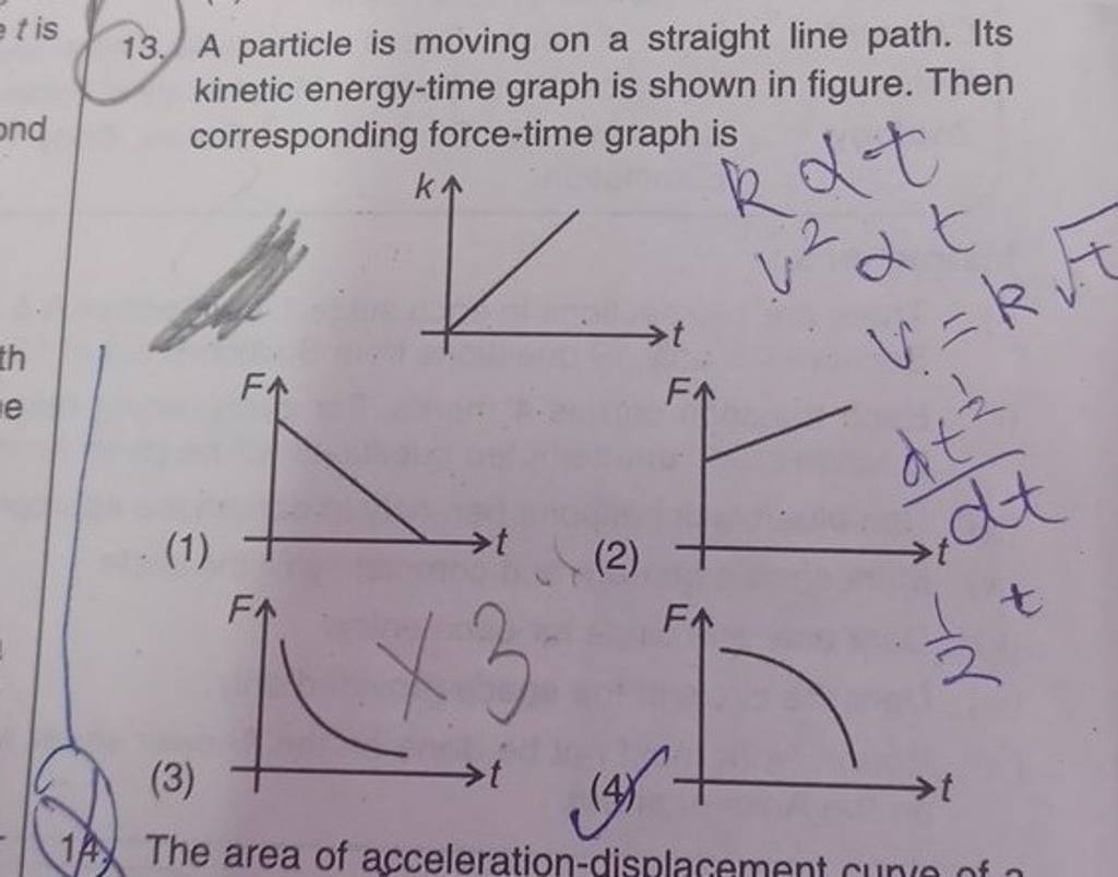 A particle is moving on a straight line path. Its kinetic energy-time gra..