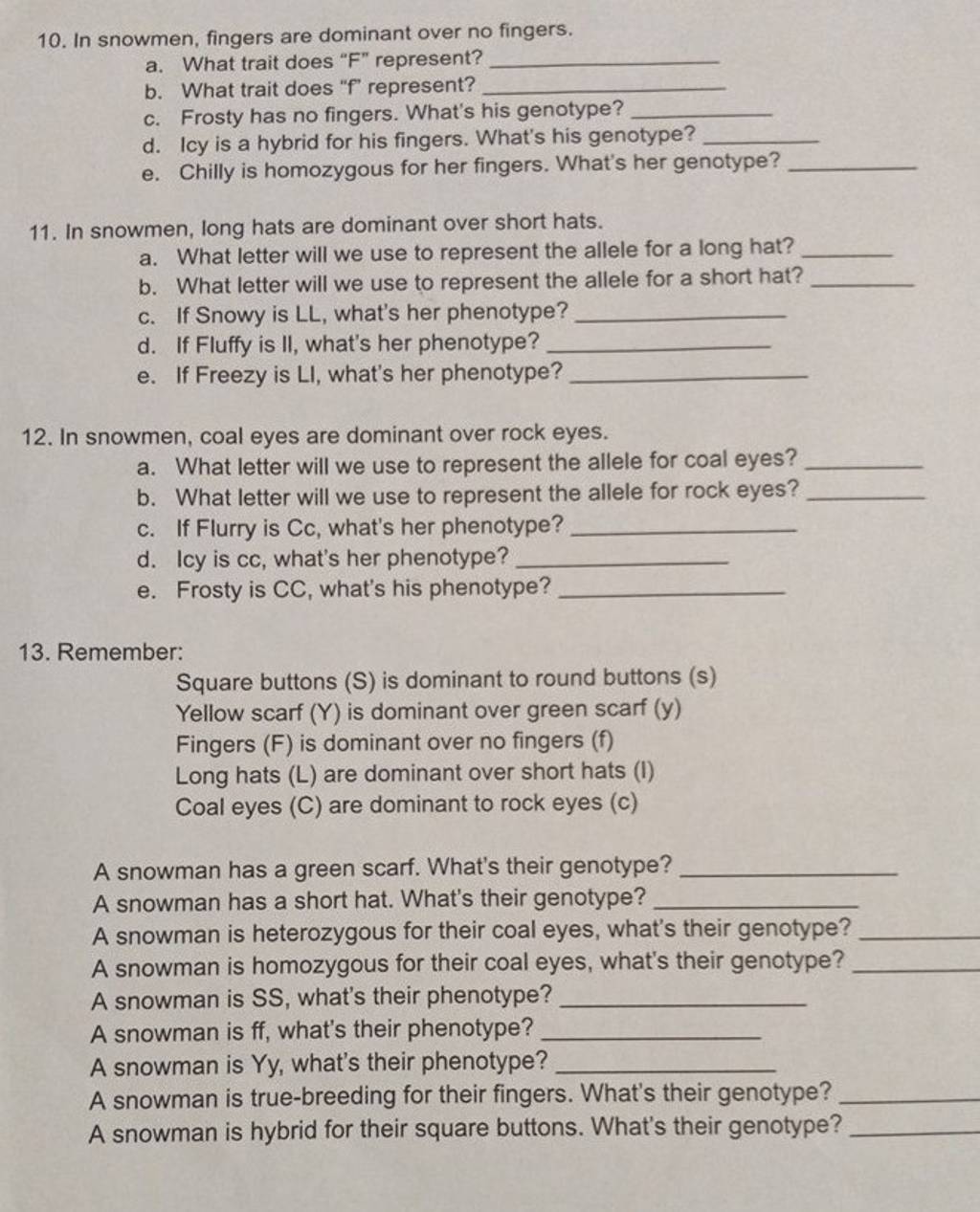 In snowmen, coal eyes are dominant over rock eyes. | Filo