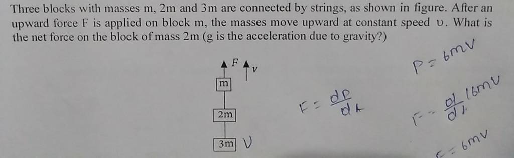 Three blocks with masses m,2 m and 3 m are connected by strings, as shown..