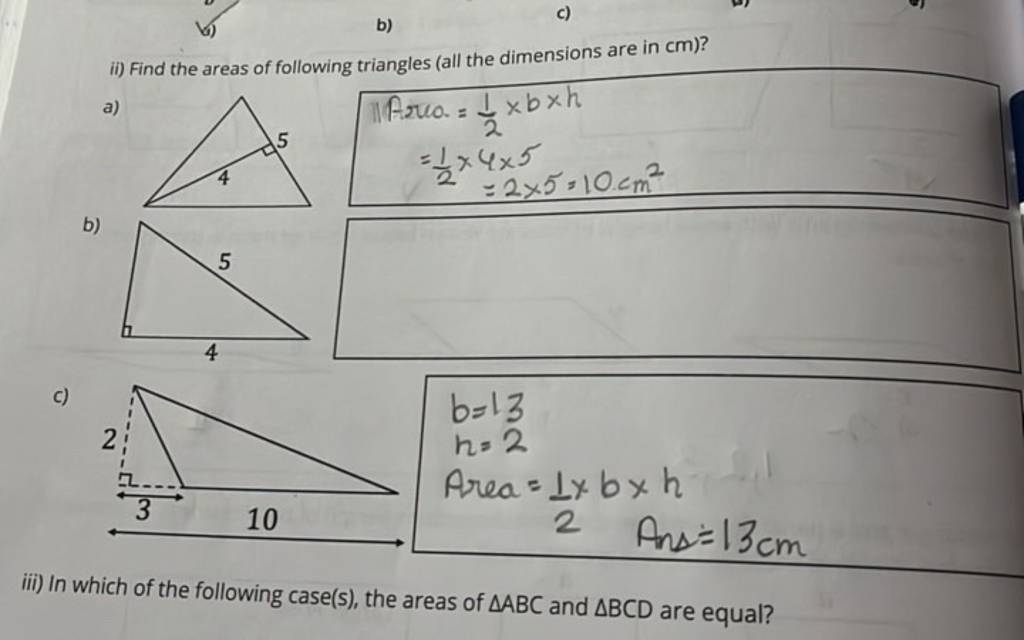 ii) Find the areas of following triangles (all the dimensions are in cm )..