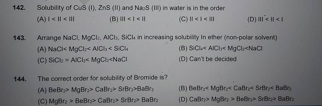 Arrange Nacl Mgcl2 Alcl3 Sicl4 In Increasing Solubility In Ether Non