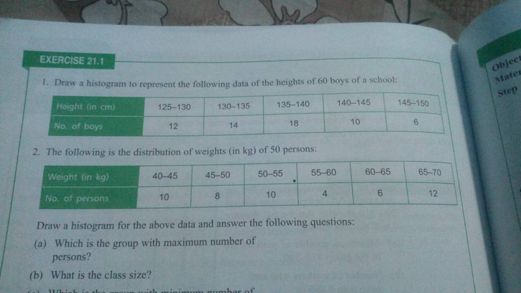 EXERCISE 21.1 1. Draw a histogram to represent the following data of the EXERCISE 21.1 1. Draw a histogram to represent the following data of the