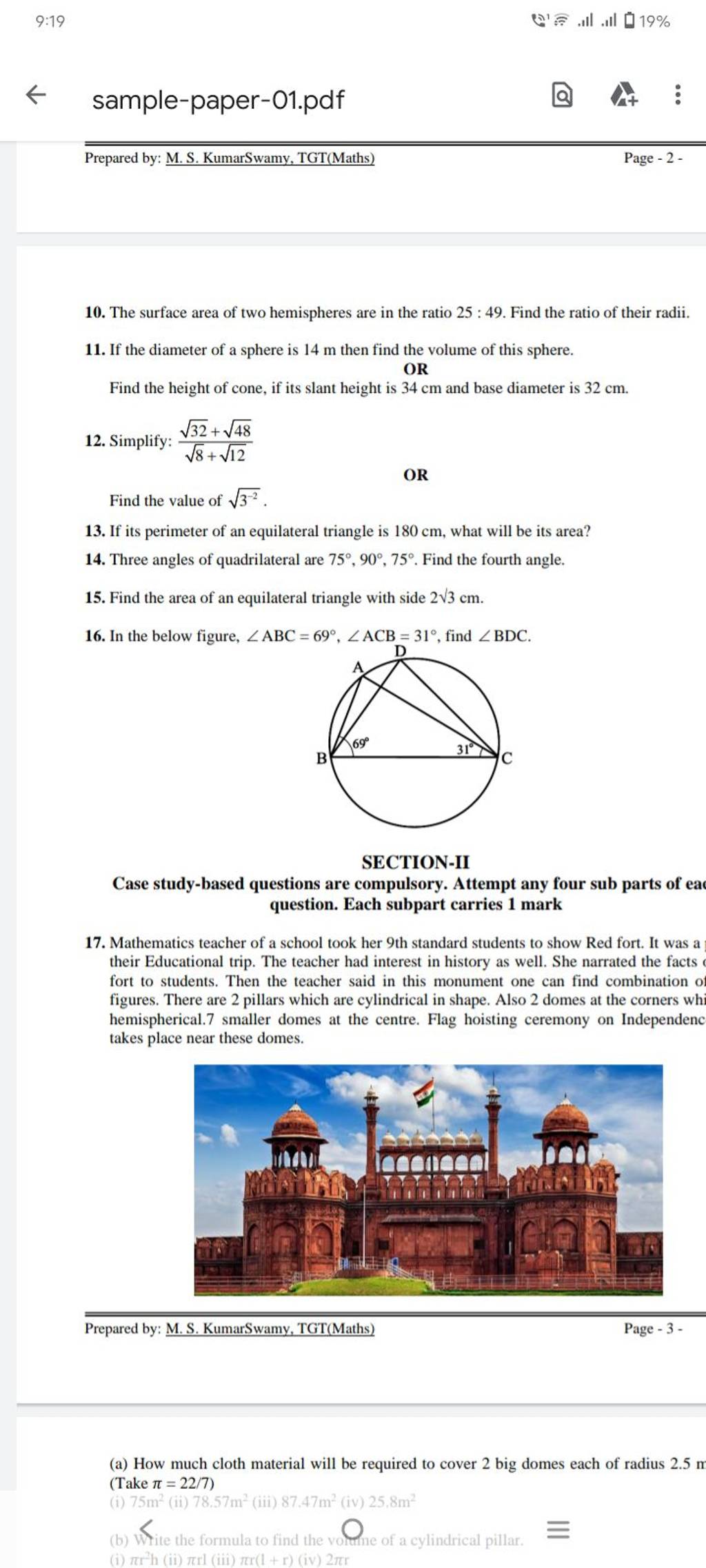 9:19 ← sample-paper-01.pdf @ Prepared by: M. S. KumarSwamy, TGT(Maths) Pa..