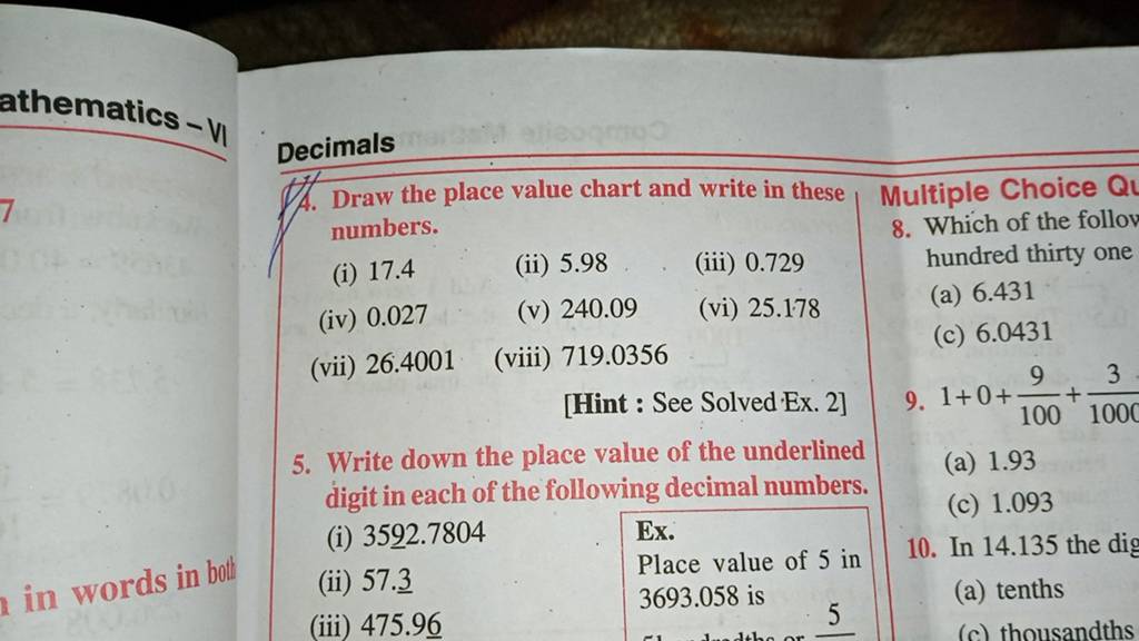 Decimals . Draw the place value chart and write in these numbers. (i) 17...