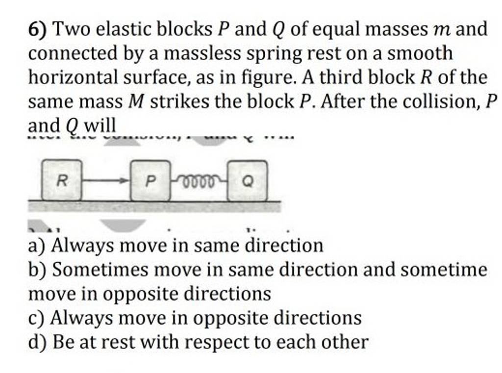 Two elastic blocks P and Q of equal masses m and connected by a massless..