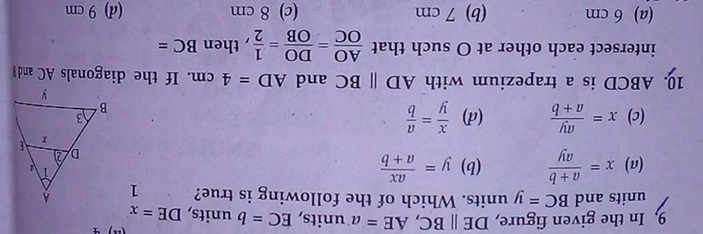 9 In The Given Figure De∥bc Ae A Units Ec B Units De X Units And Bc Y