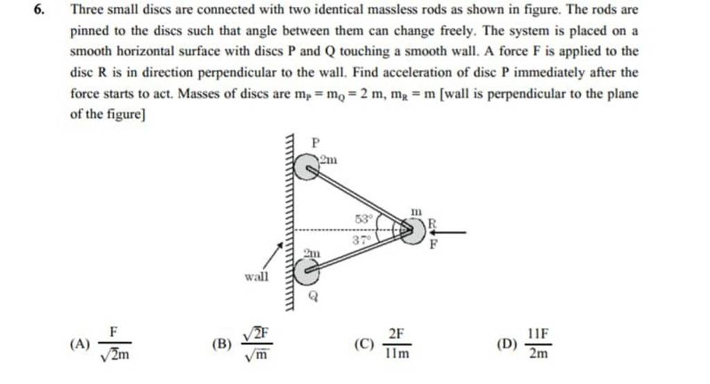 Three small discs are connected with two identical massless rods as shown..