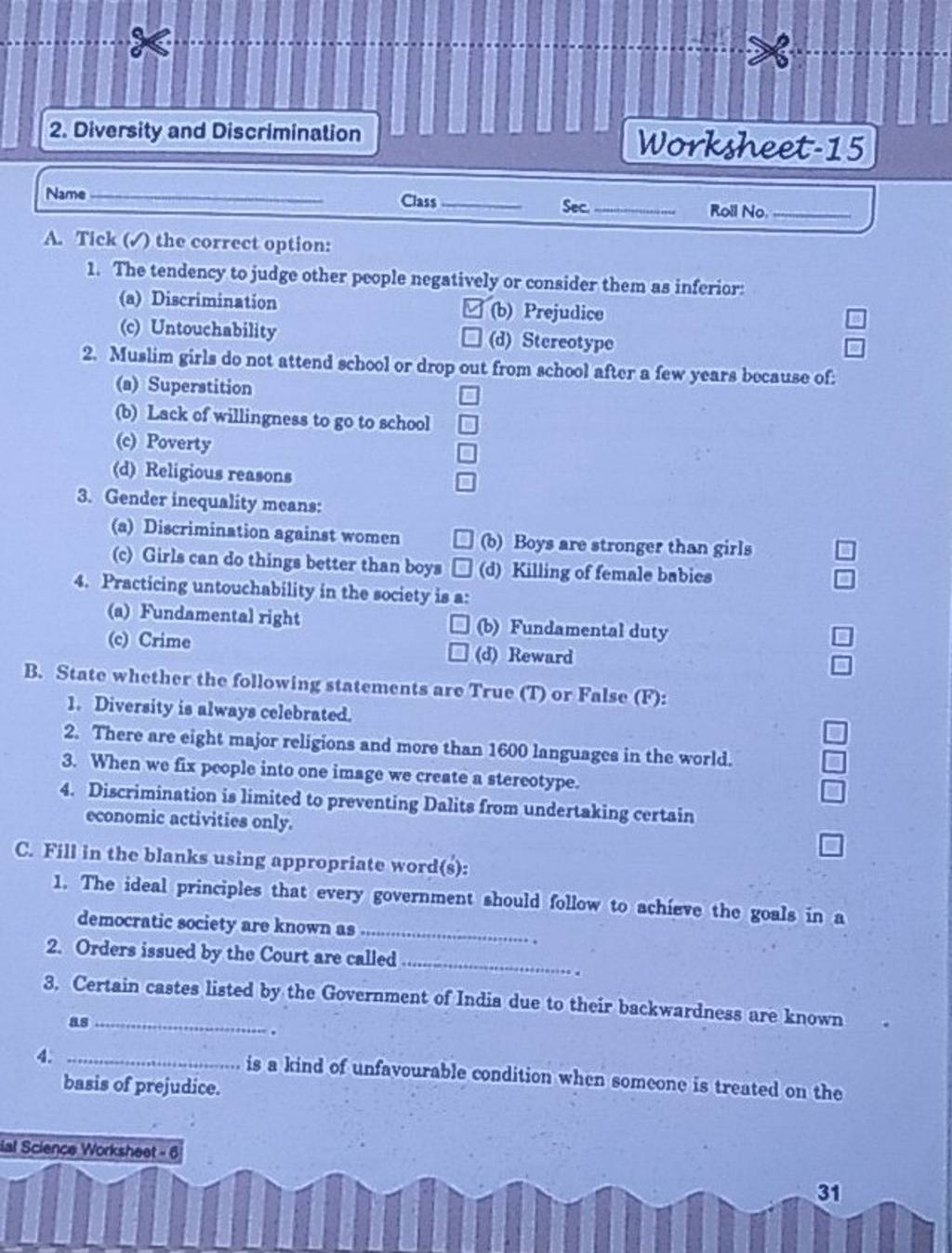 2. Diversity and Discrimination Worksheet-15 Name Class _ Sec… Roll No, A..