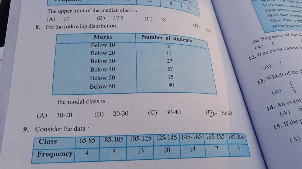 The Upper Limit Of The Median Class Is A 17 B 17 5 C 18 8 For The