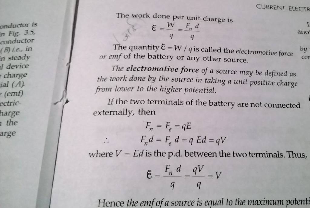 CURRENT ELECTR The work done per unit charge is onductor is in Fig. 3.5,