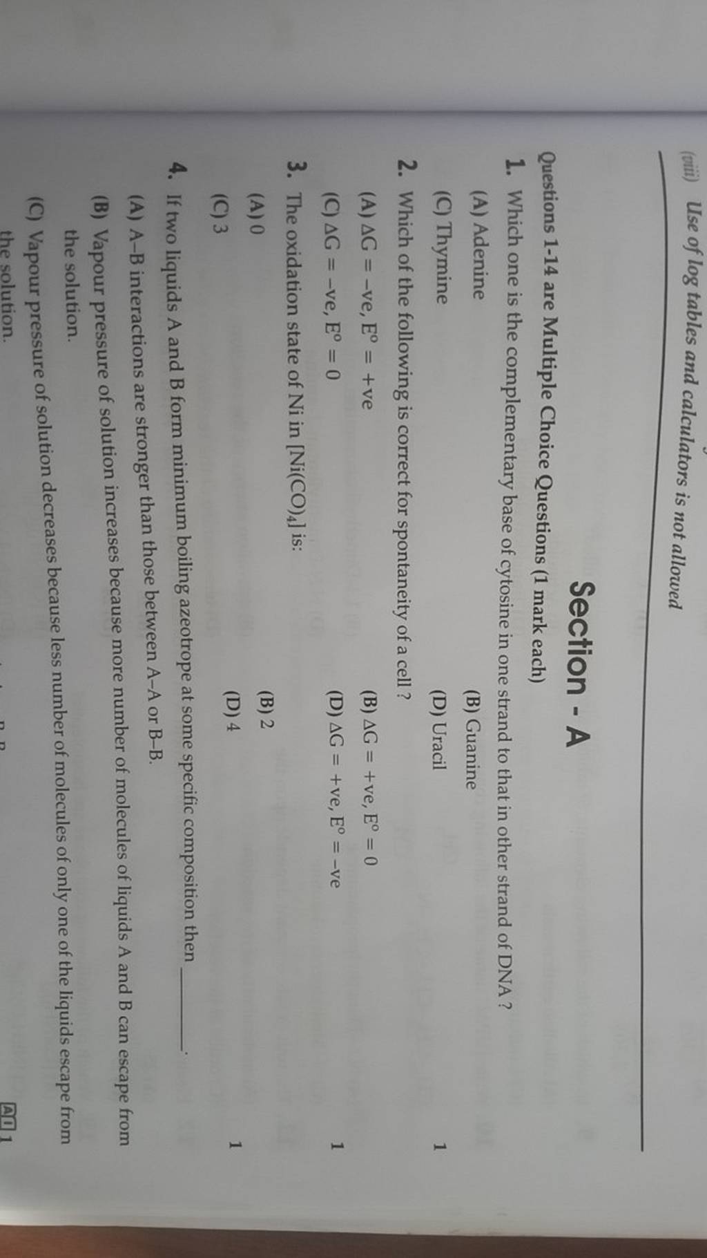 Use of log tables and calculators is not allowed Section - A Questions 1..