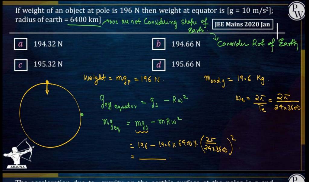 If weight of an object at pole is 196 N then weight at equator is [g=10 m..