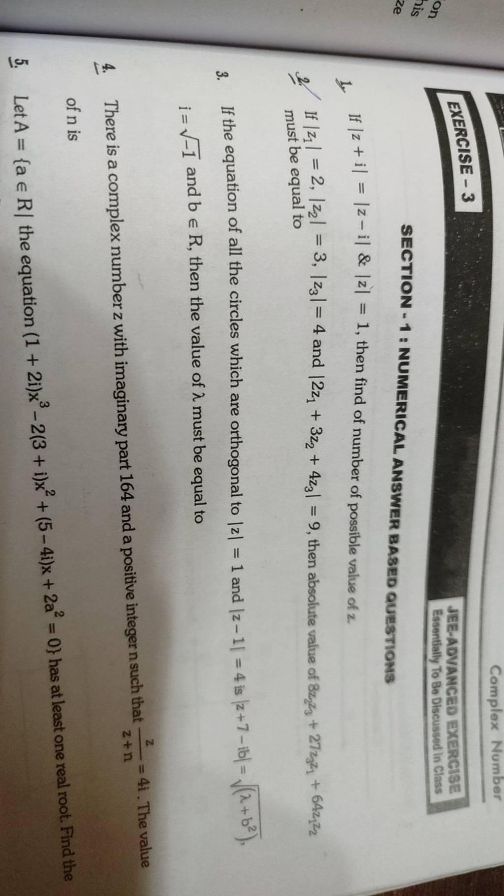 Complex Number Exercise 3 Jee Advamced Exercise Essentially To Be Discu