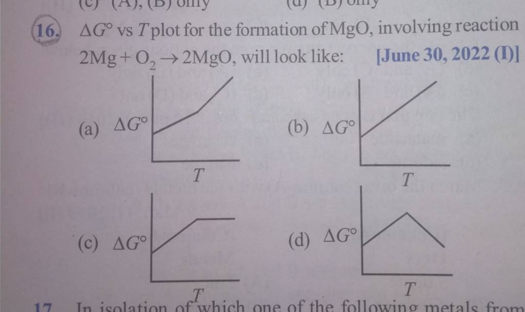 (16.) ΔG∘ vs T plot for the formation of MgO, involving reaction 2Mg+O2 →..