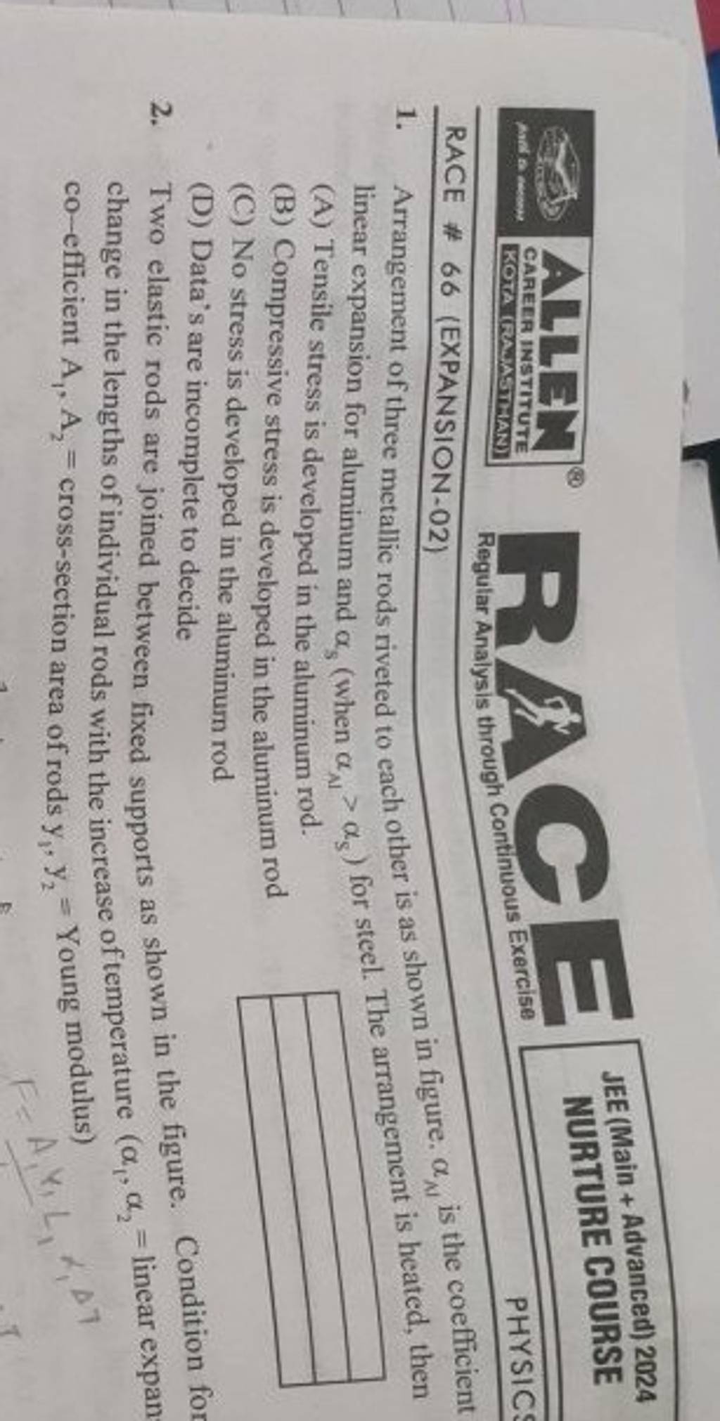 JEE (Main + Advanced) 2024 NURTURE COURSE RACE \# 66 (EXPANSION-02) 1. Ar.. JEE (Main + Advanced) 2024 NURTURE COURSE RACE \# 66 (EXPANSION-02) 1. Ar..