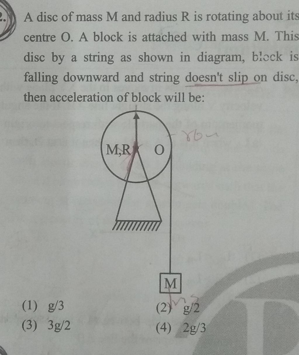 A disc of mass M and radius R is rotating about its centre O. A block is