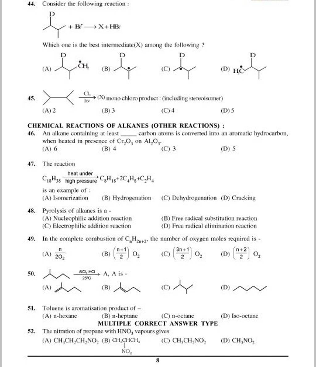 Pyrolysis of alkanes is a - | Filo