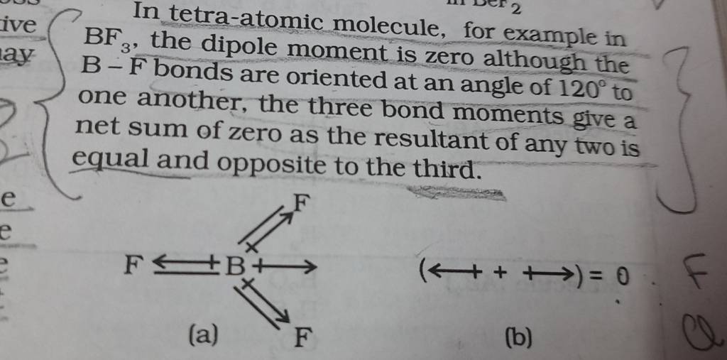 In tetra-atomic molecule, for example in BF3 , the dipole moment is zero