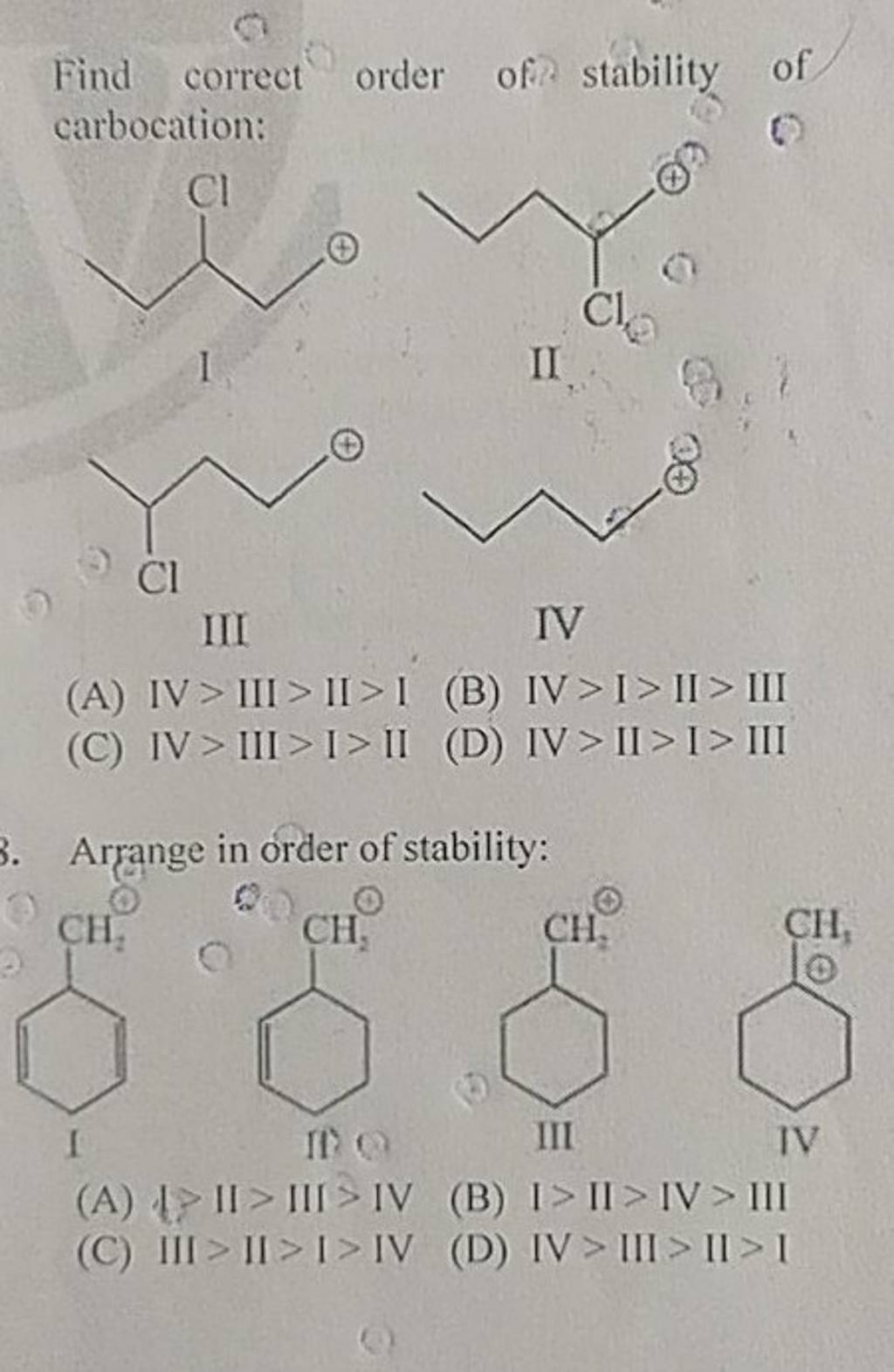 Find correct order of stability of carbocation: 0 I II III IV | Filo