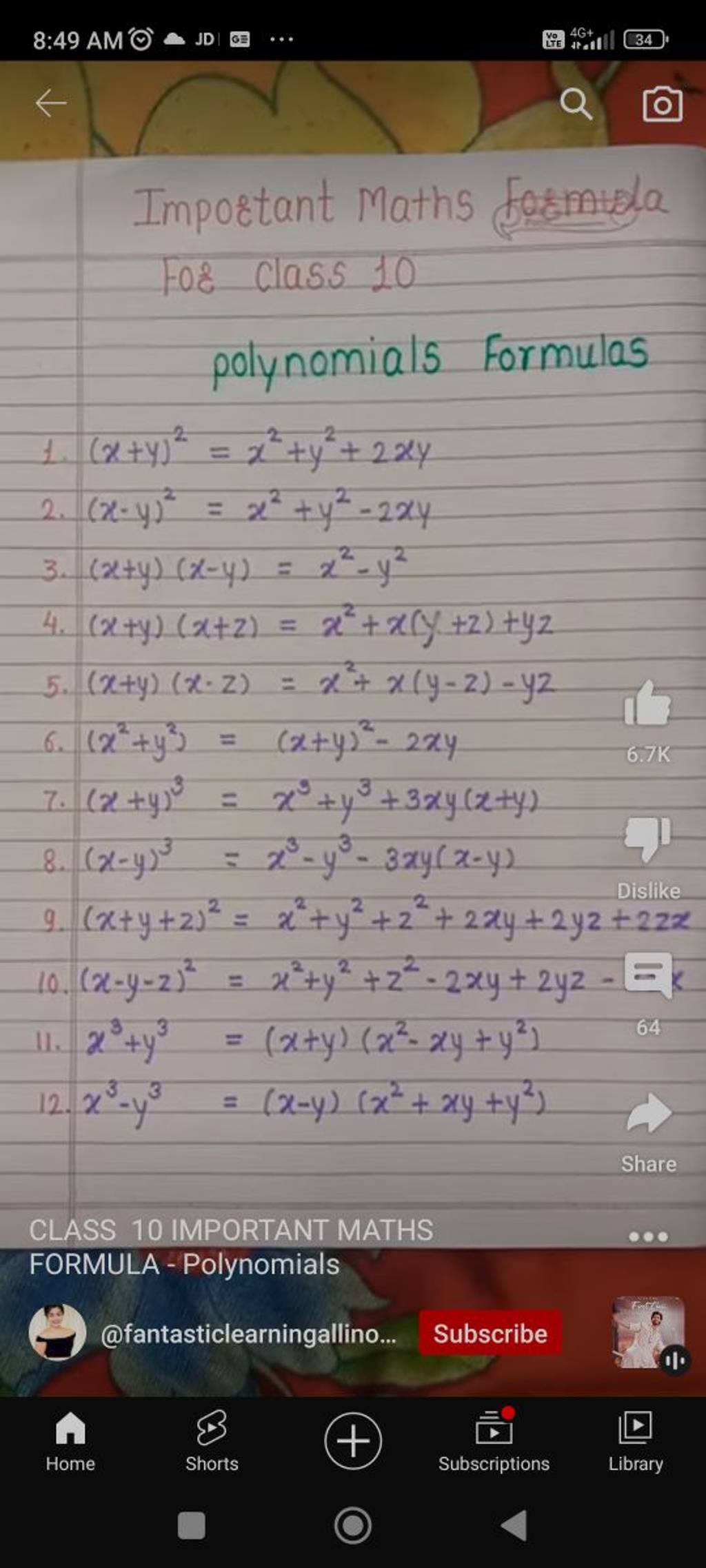 Important Maths Fogmola Foz class 10 polynomials formulas 1. (x+y)2=x2+y2..