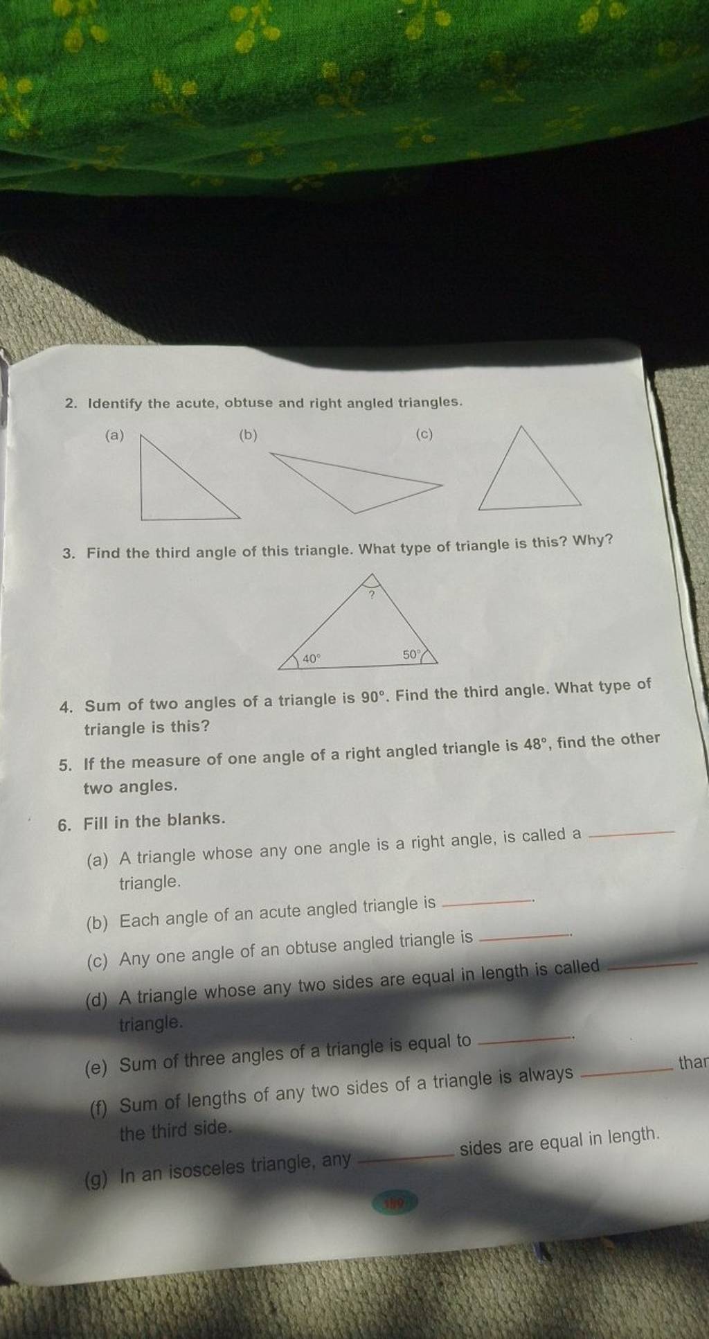2. Identify the acute, obtuse and right angled triangles. (a) (b) 3. Find..