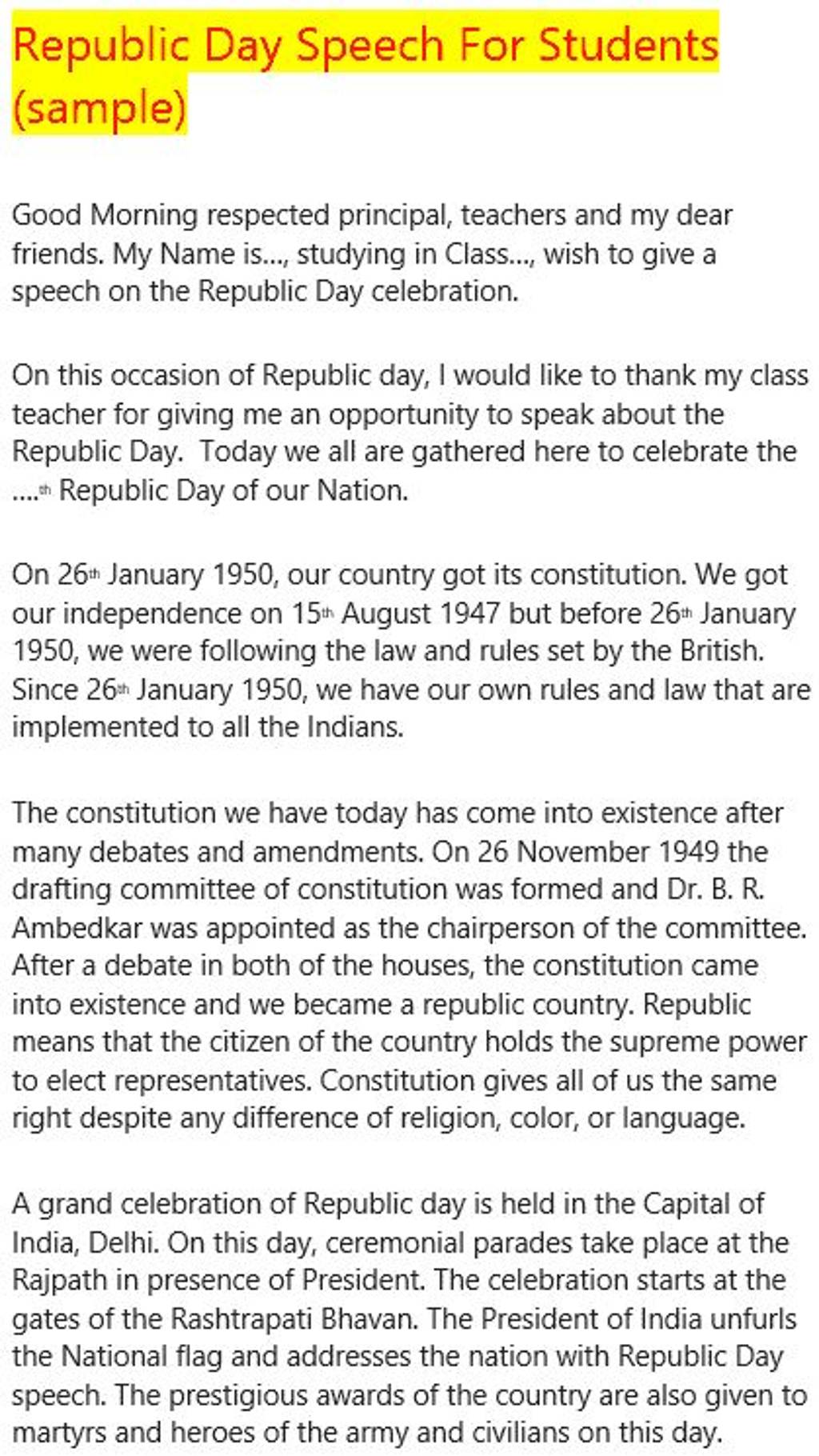 Republic Day Speech For Students (sample) Good Morning respected princip..