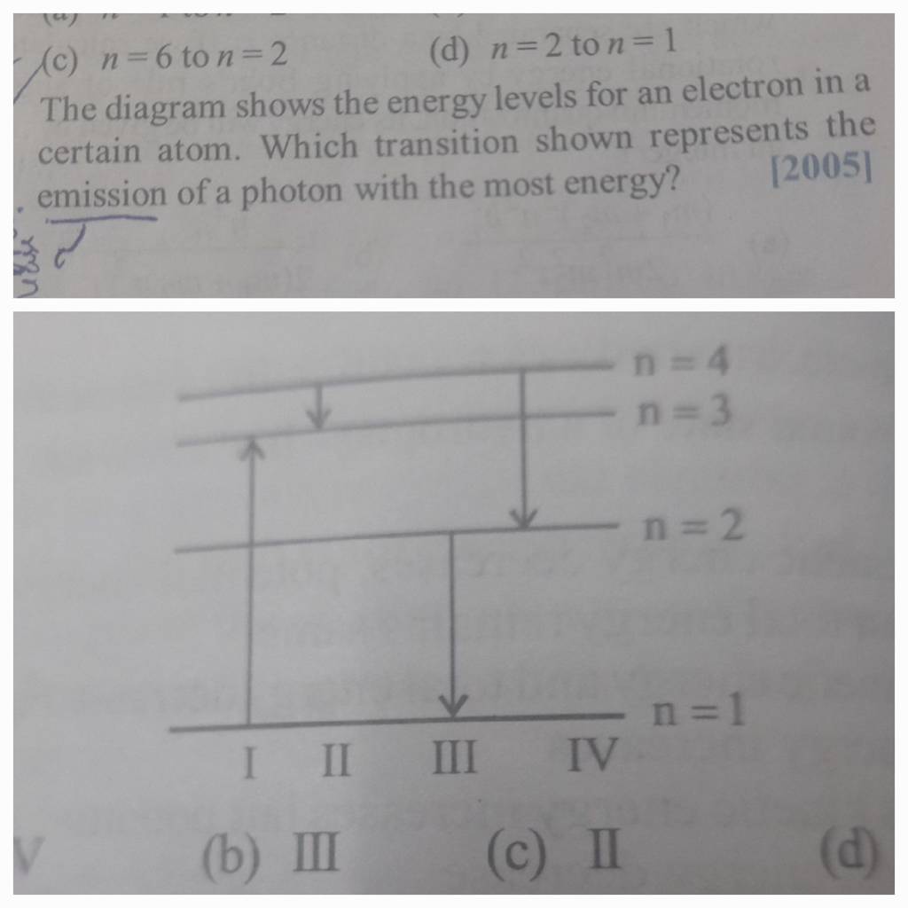 (c) n=6 to n=2 (d) n=2 to n=1 The diagram shows the energy levels for an