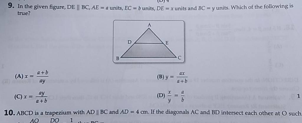 9 In The Given Figure De∥bc Ae A Units Ec B Units De X Units And Bc Y