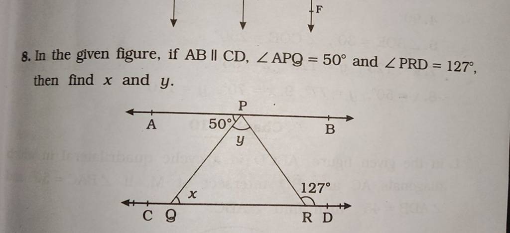 8. In the given figure, if AB∥CD,∠APQ=50∘ and ∠PRD=127∘, then find x and