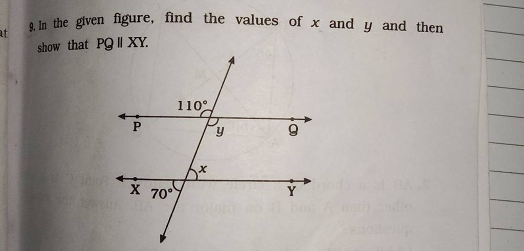 9. In the given figure, find the values of x and y and then show that PQ∥..