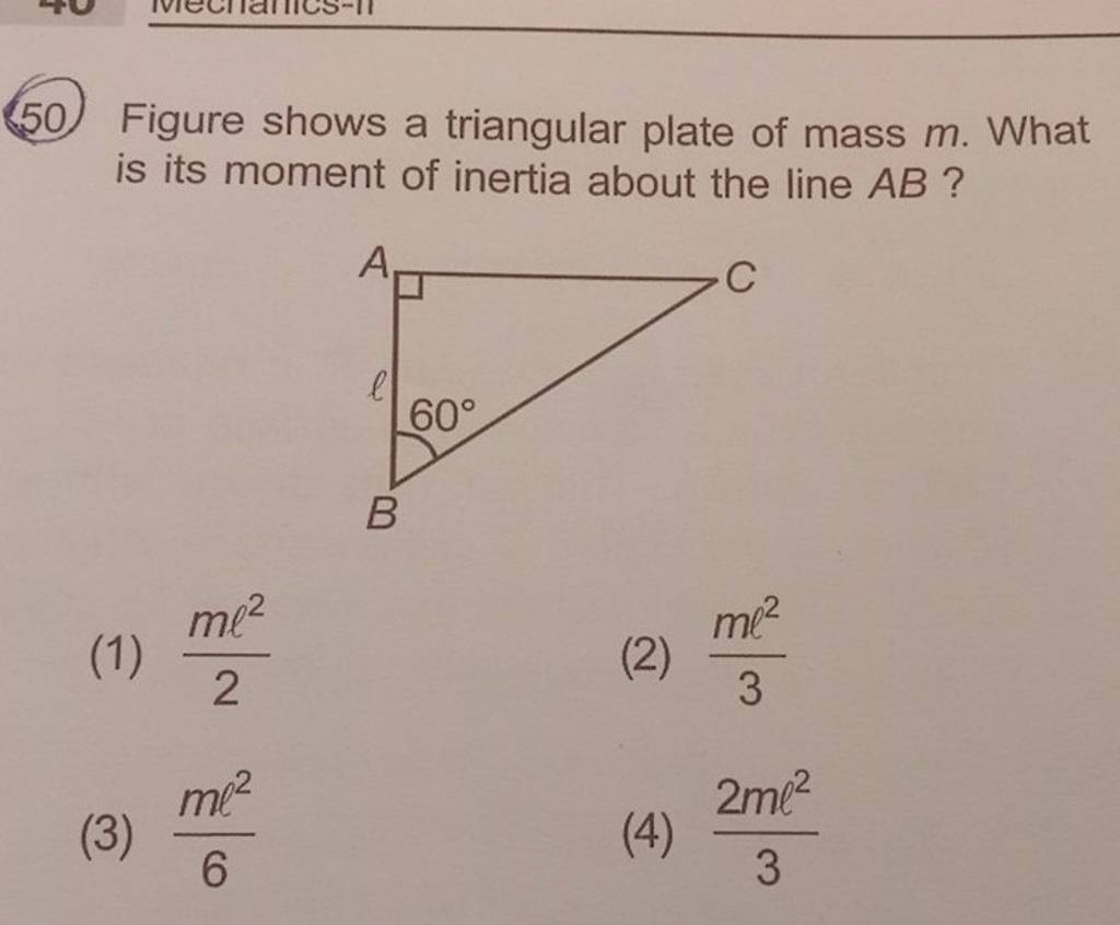 Figure shows a triangular plate of mass m. What is its moment of inertia..