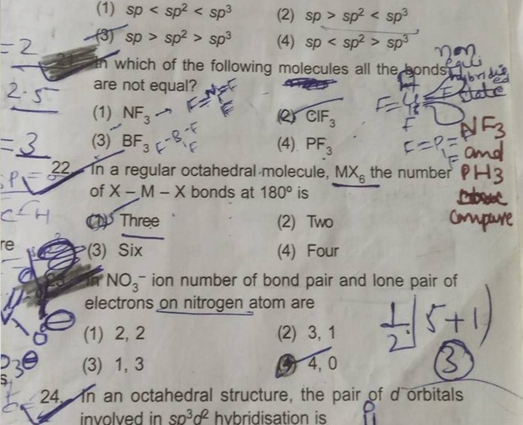 In a regular octahedral molecule, MX6 the number PH3 of X−M−X bonds at 1..