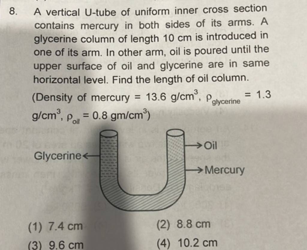 A vertical U-tube of uniform inner cross section contains mercury in both..
