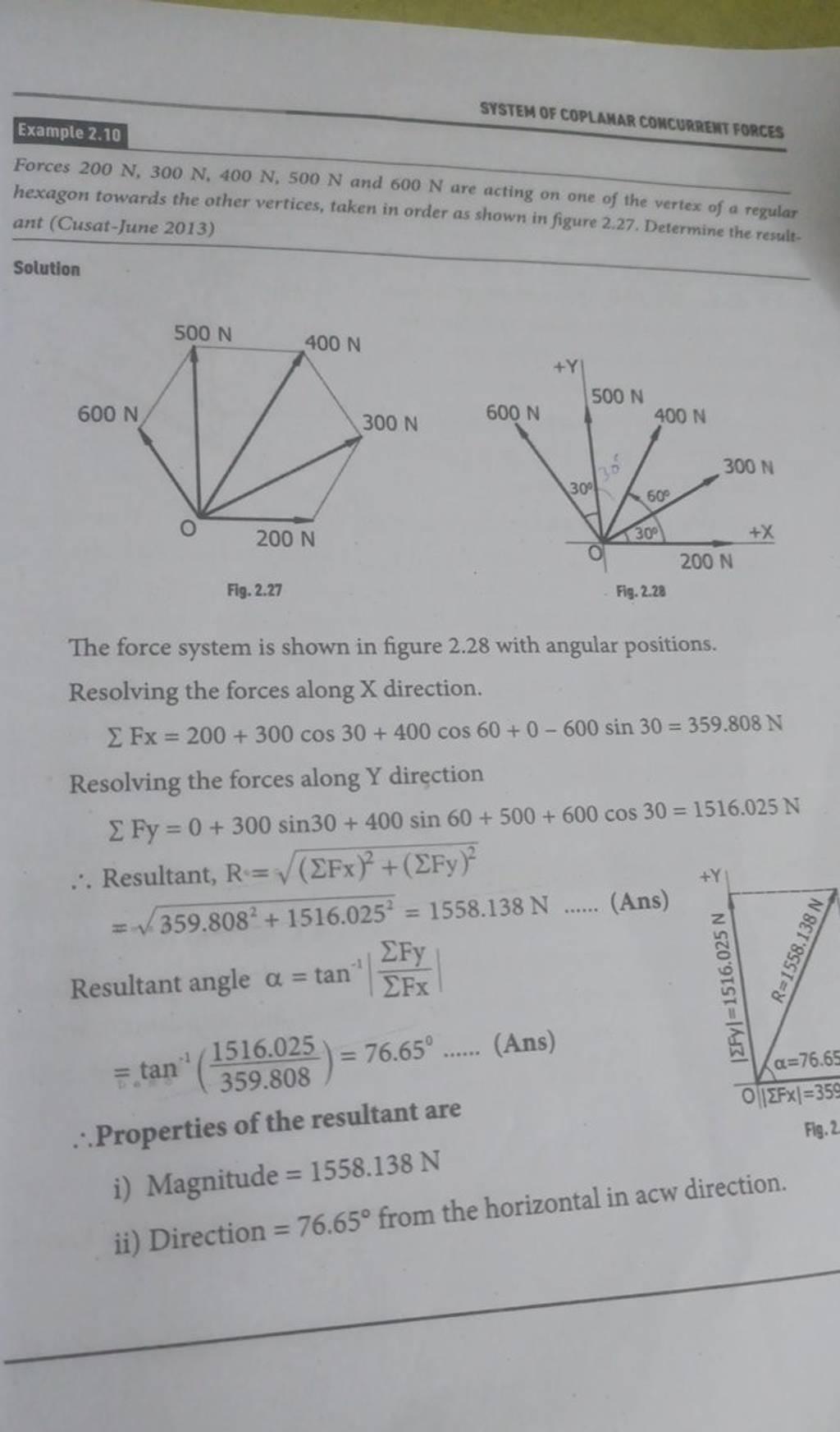 SYSTEM OF COPLAMAR COMCURREWT FORCES Example 2.10 Forces 200 N,300 N,400