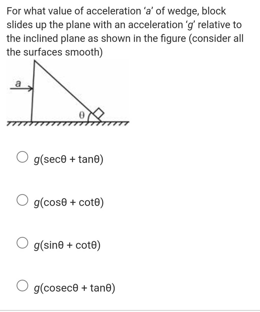 For what value of acceleration 'a' of wedge, block slides up the plane wi..
