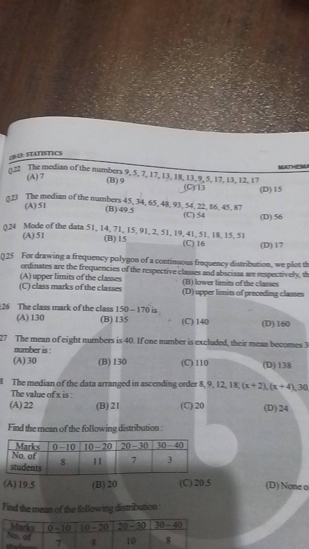 Q23 The median of the numbers 45,34,65,48,93,54,22,86,45,87 (A) 51 (B)