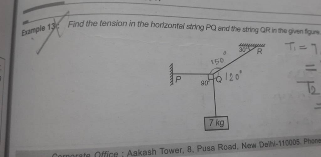 Example 13. Find the tension in the horizontal string PQ and the string Q..