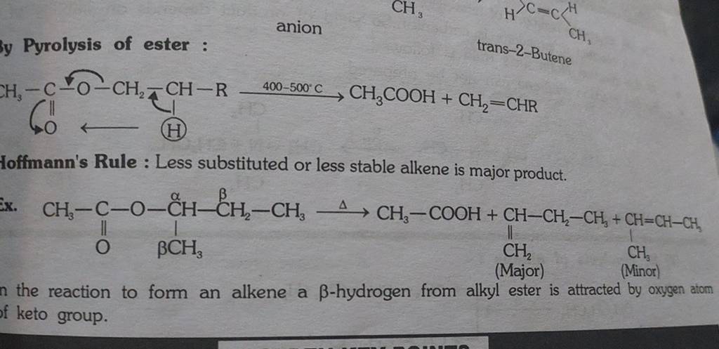 Pyrolysis of ester : anion trans-2-Butene Ioffmann's Rule : Less substitu..