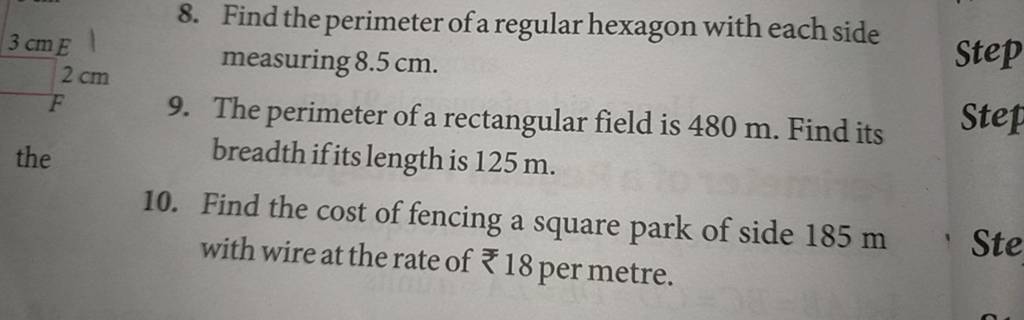 8. Find the perimeter of a regular hexagon with each side 3 cmE I 2 cm me..