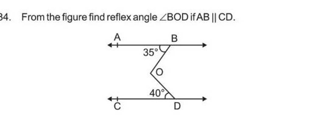 34. From the figure find reflex angle ∠BOD if AB∥CD. | Filo