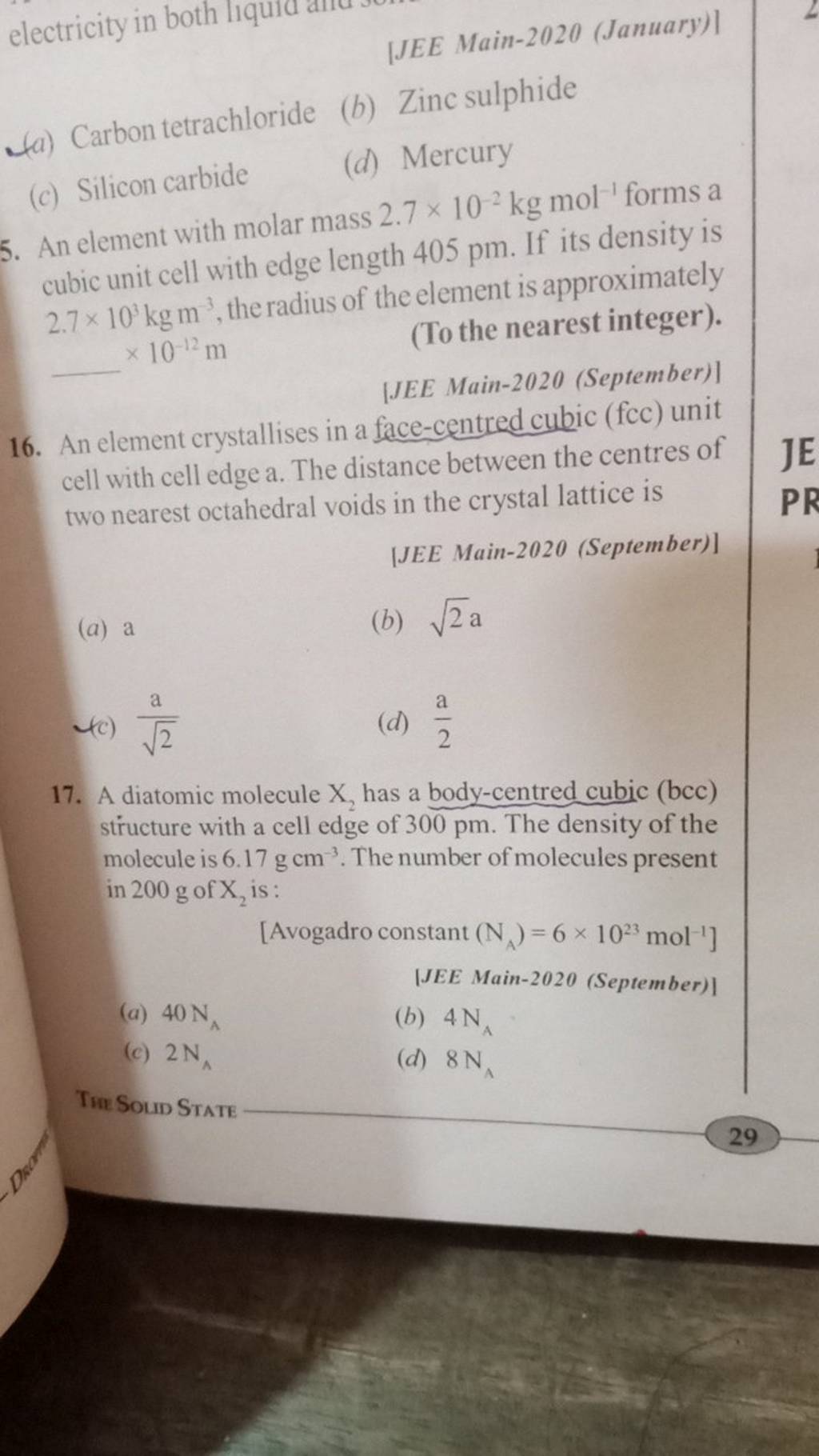An element with molar mass 2.7×10−2 kg mol−1 forms a cubic unit cell with..