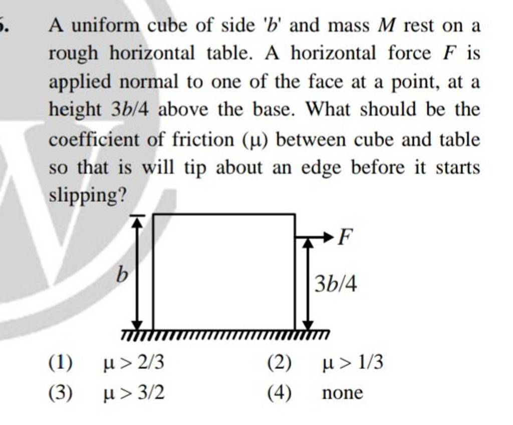 A uniform cube of side ' b ' and mass M rest on a rough horizontal table...