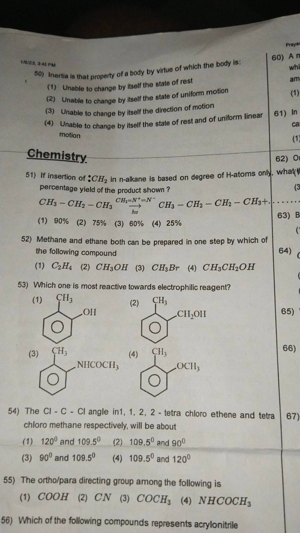 The Cl - C - Cl angle in1, 1,2,2 - tetra chloro ethene and tetra chloro